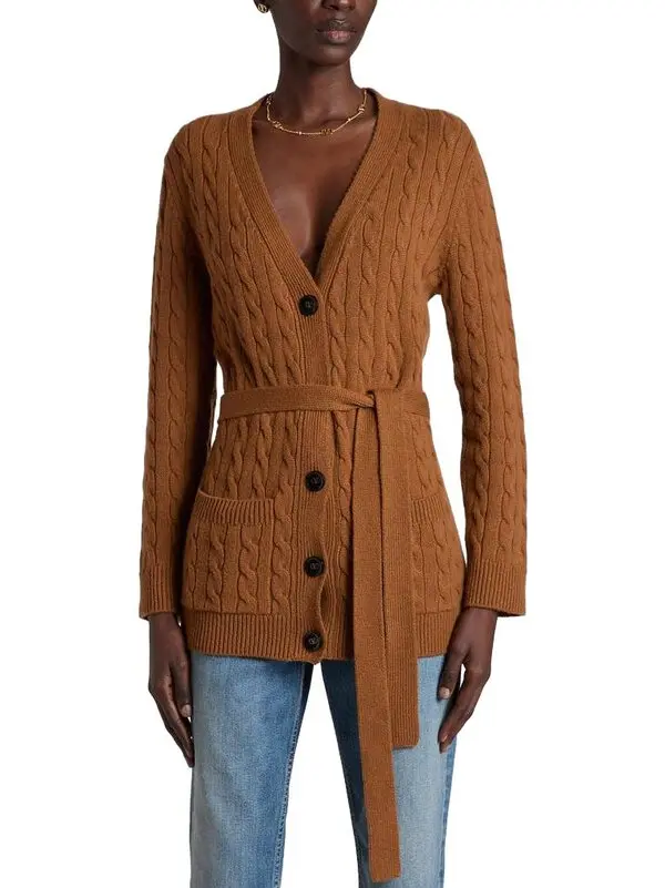 Valentino Garavani Belted Cable-knit Cashmere Cardigan - Brown