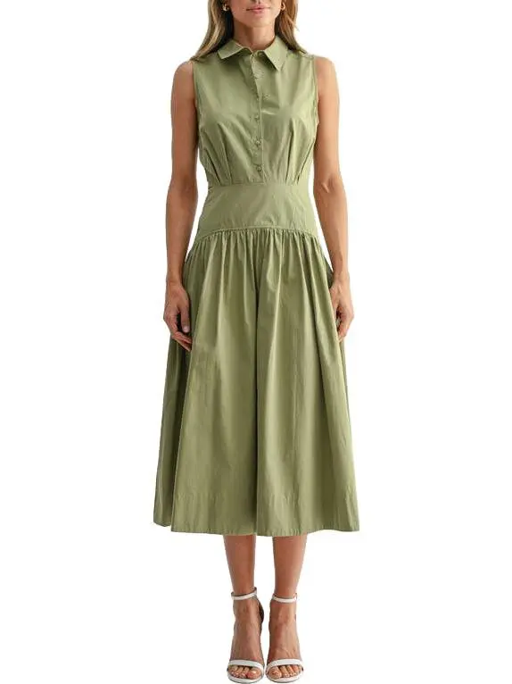QUINCY MAE Sleeveless Drop Waist Midi Shirtdress - Light Olive