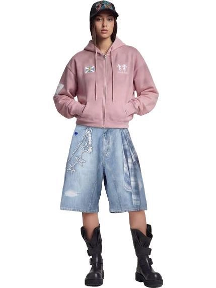 AELFRIC EDEN Plaid Panel Chain Denim Shorts - Blue