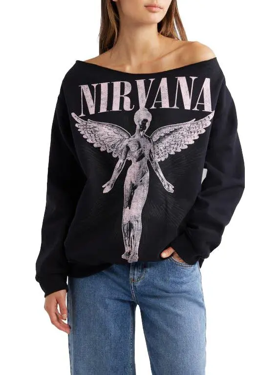 MERCH TRAFFIC Nirvana Graphic Off-the-shoulder Sweatshirt - Black