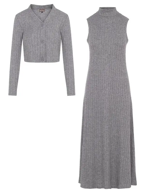 Coco Mock Neck Midi Dress And Button-front Cardigan Set - Grey