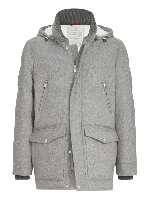 Brunello Cucinelli Wool Flannel Parka With Removable Hood - Grey