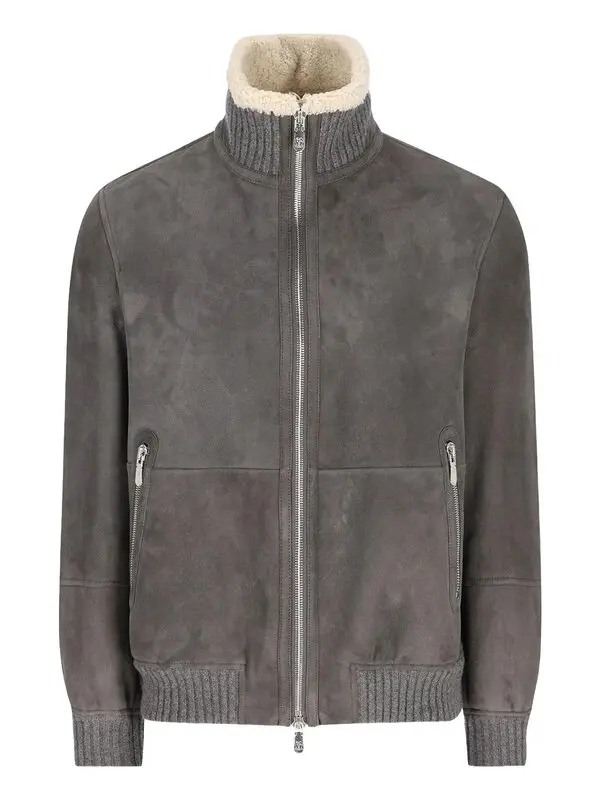 Brunello Cucinelli Leather Bomber Jacket With Sheepskin Lining - Grey