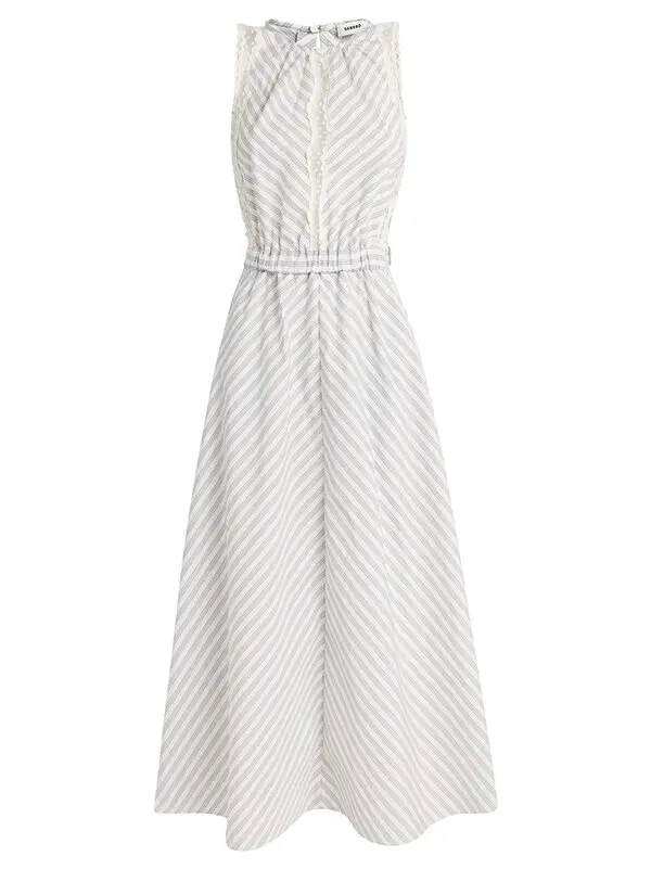 Sandro Cotton Midi Dress With Striped Motif And Embroidered Trims - Blue