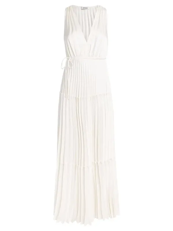 Sandro Pleated Maxi Dress With Plunge Neckline - Beige