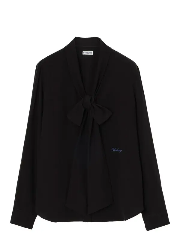 Burberry Silk Embroidered Logo Scarf-tail Blouse - Nero
