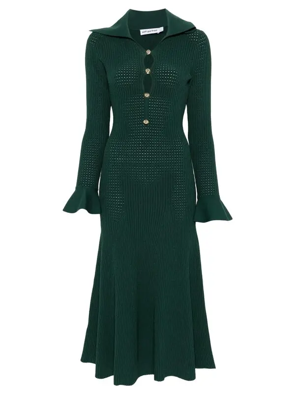 SELF-PORTRAIT Knit Midi Dress With Oversized Collar And Feathered Cuffs - Verde