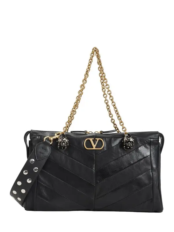 Valentino Garavani Lambskin Leather Tote Handbag With Studded Strap - Black