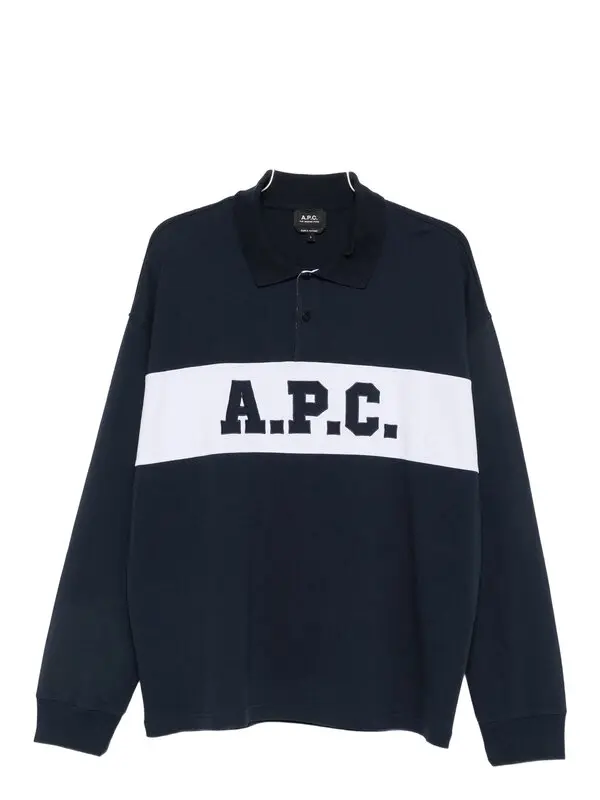 A.p.c. Long-sleeve Cotton Polo Shirt With Front Logo And Ribbed Cuffs - Blu