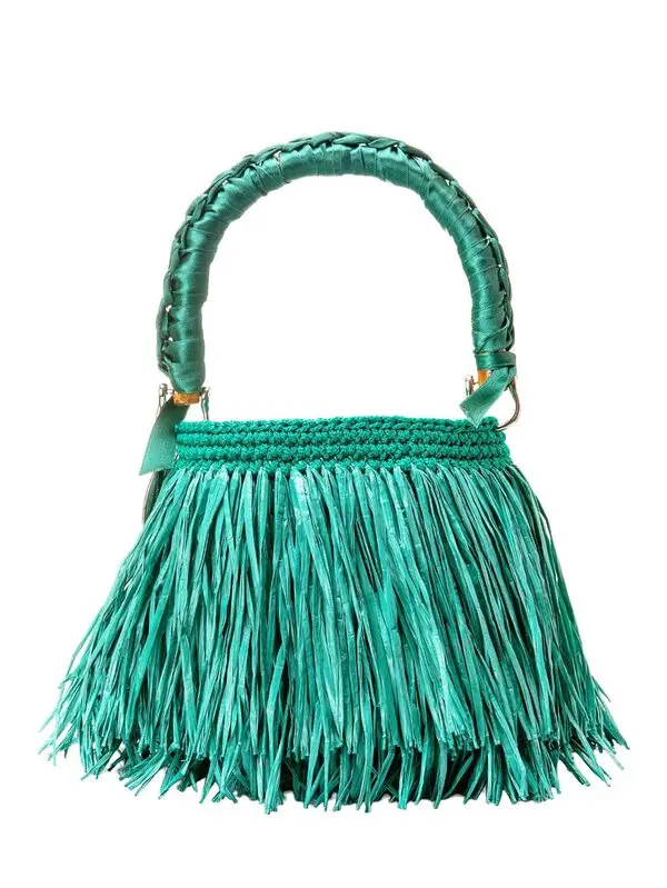 SPEIRA Bucket Bag With Raffia Fringes And Bamboo Handle - Green