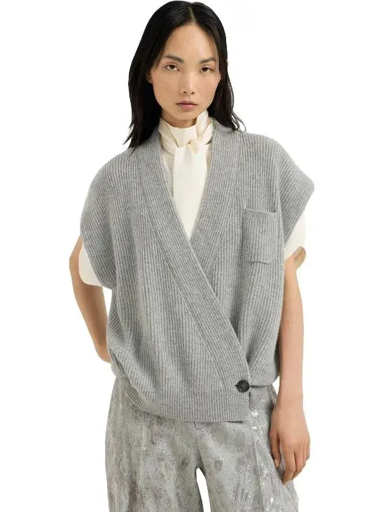 Brunello Cucinelli Cashmere English Rib Wrap Cardigan - Grey