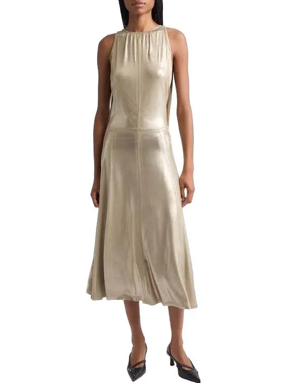 DIESEL® Sleeveless Metallic Jersey Midi Dress With Tie Neck Detail - Sandy/beige