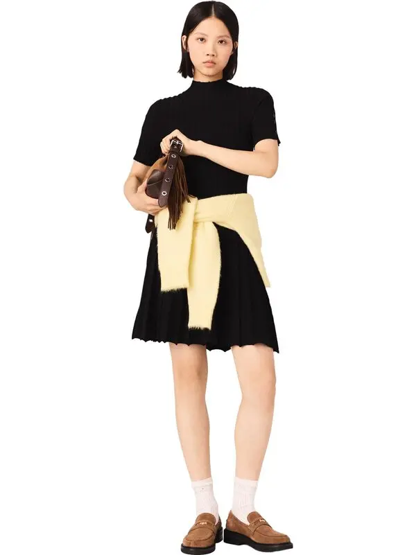 Maje Short Ribbed Knit Dress With High Neck And Flared Skirt - Black