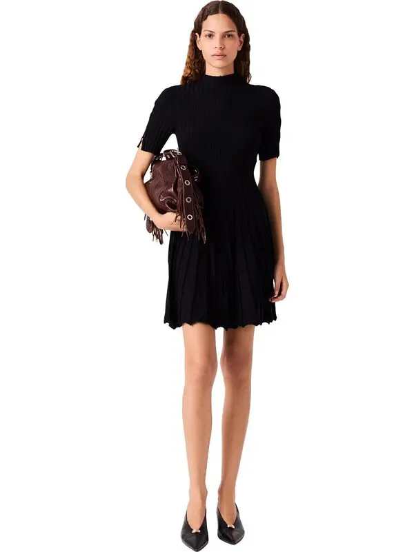 Maje Short Ribbed Knit Dress With High Neck And Flared Skirt - Black