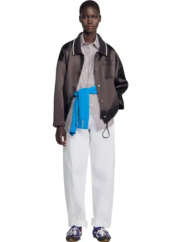 Sandro Satin-look Jacket With Polo Collar And Drawstring Hem - Brown