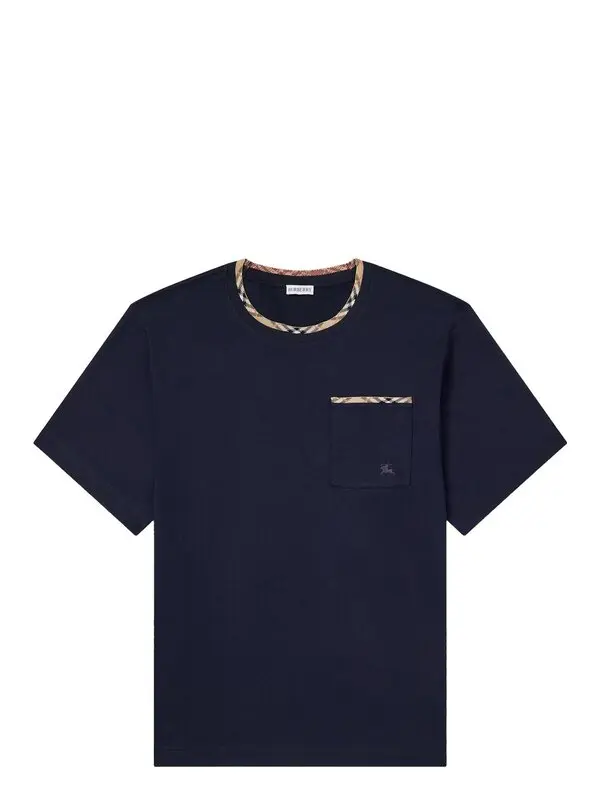 Burberry Logo-embroidered Checked Cotton-jersey T-shirt - Blue