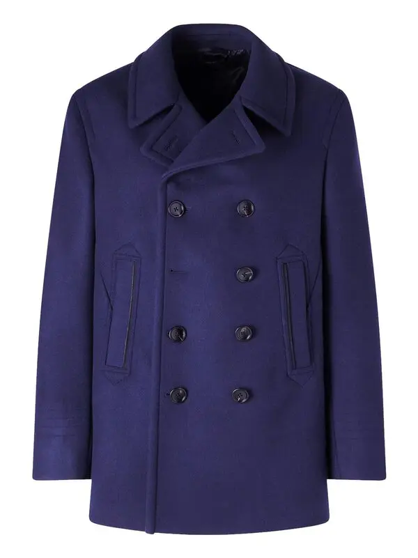 TOM FORD Double-breasted Wool Overcoat With Leather Trim - Blue