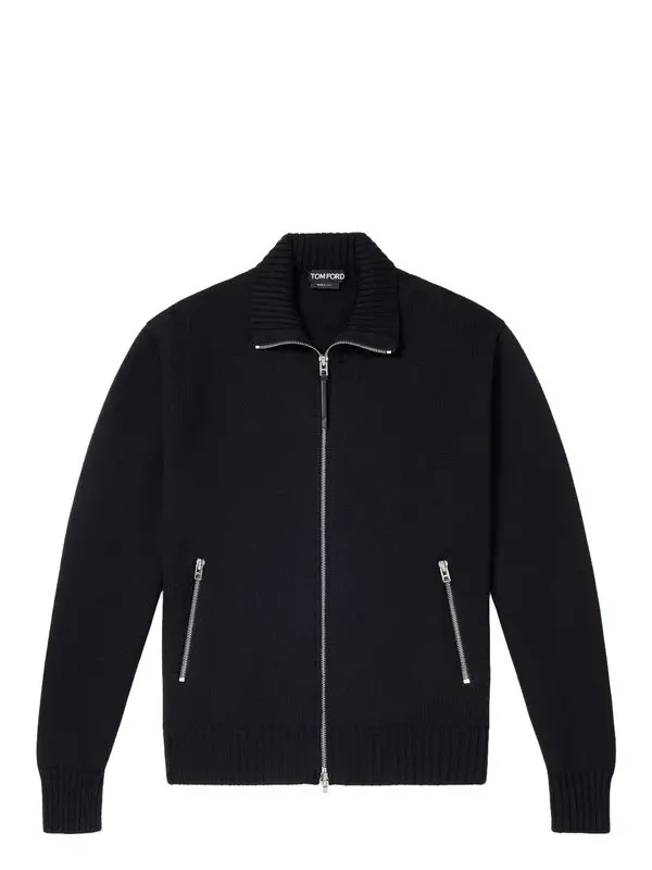 TOM FORD Leather-trimmed Merino Wool Cardigan - Black