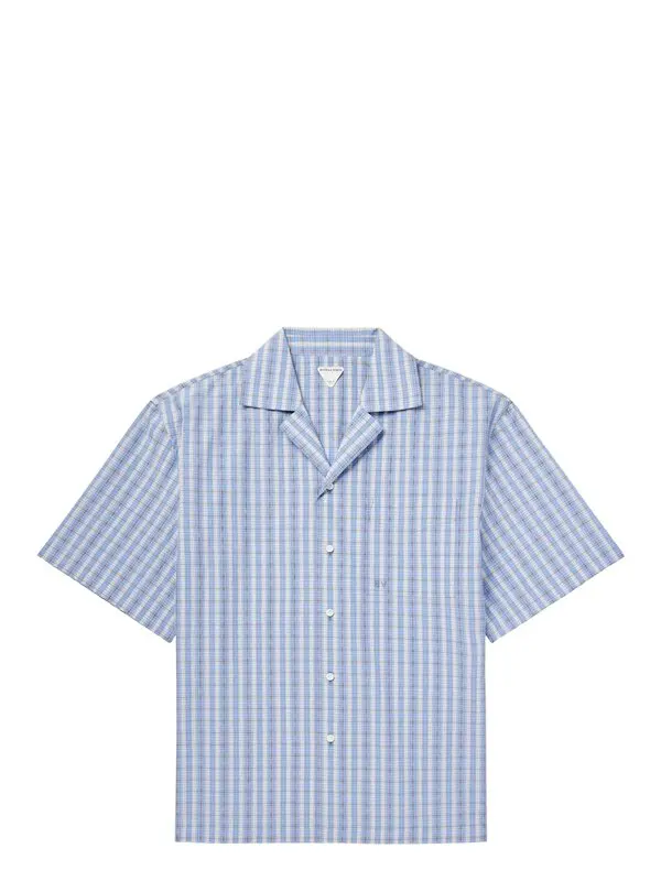 Bottega Veneta Camp-collar Logo-embroidered Checked Cotton And Silk-blend Shirt - Blue