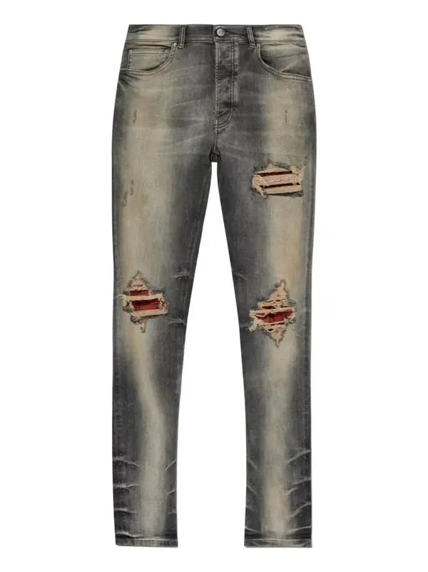 Amiri Flannel Patch Distressed Jeans - Grey