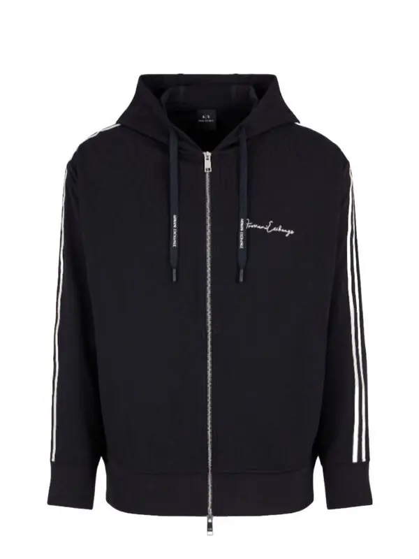 Armani Exchange Signature Full Zip Hooded Sweatshirt With Contrast Piping - Deep Navy