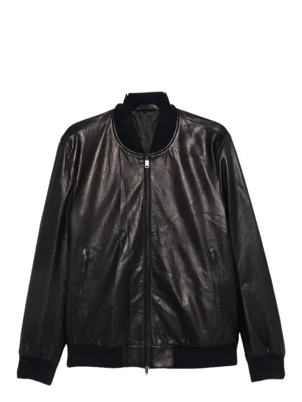 Brioni Leather Zip-up Jacket With Band Collar - Black