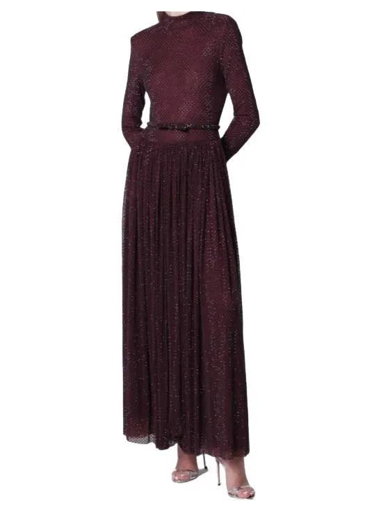 SELF-PORTRAIT Embellished High Neck Long Sleeve Maxi Dress With Detachable Belt - Black