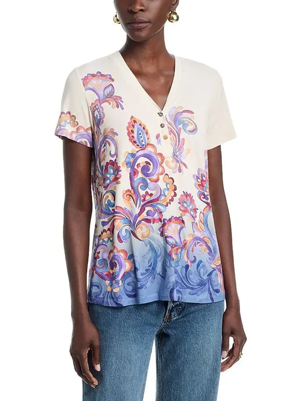 Johnny Was Printed Button-neck Tee - Melure