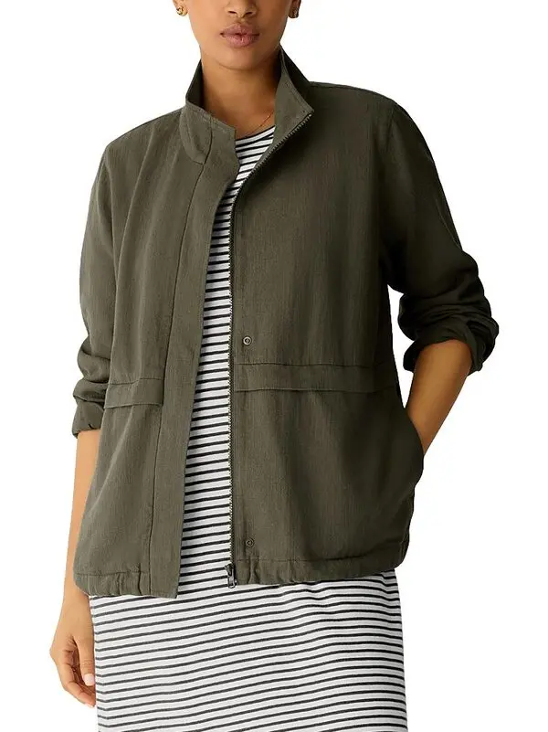 Eileen Fisher Mock Neck Zip-up Jacket In Cotton Linen Blend - Olive