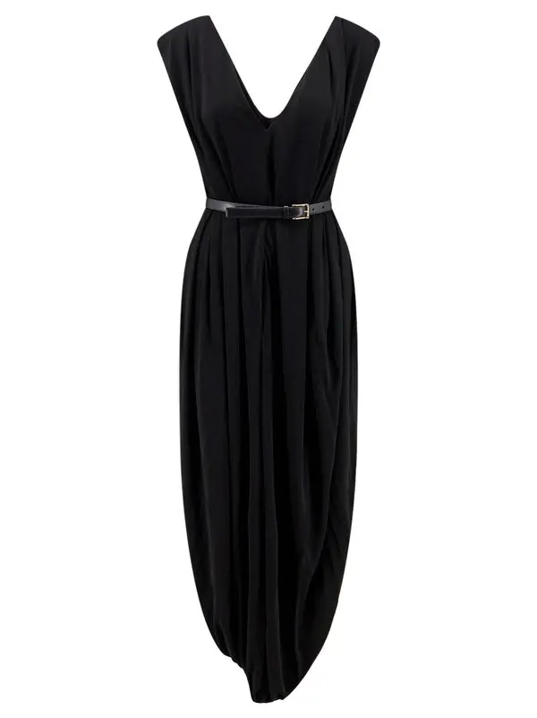 Loewe Long Viscose Dress With Deep V-neck And Removable Leather Belt - Black