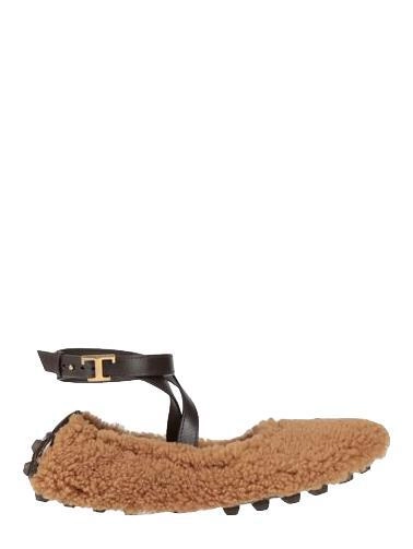TOD'S Shearling Ballet Flats With Ankle Strap - Camel