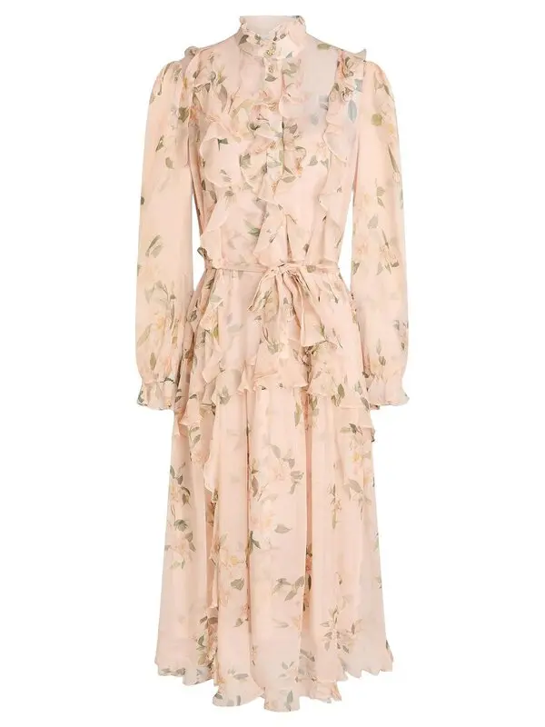 Zimmermann Pussybow Ruffled Floralprint Silkgeorgette Midi Dress - Blush