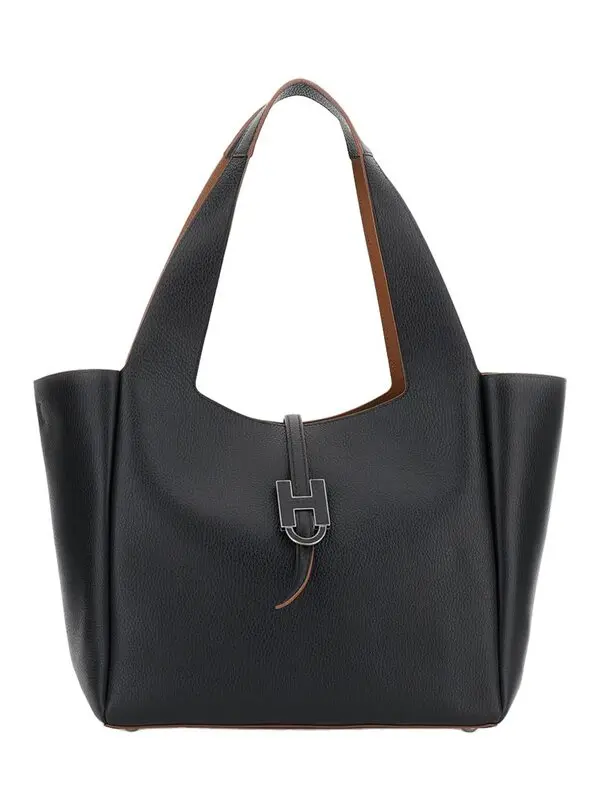 Hogan Leather Tote Bag With Embossed Logo Pendant - Nero