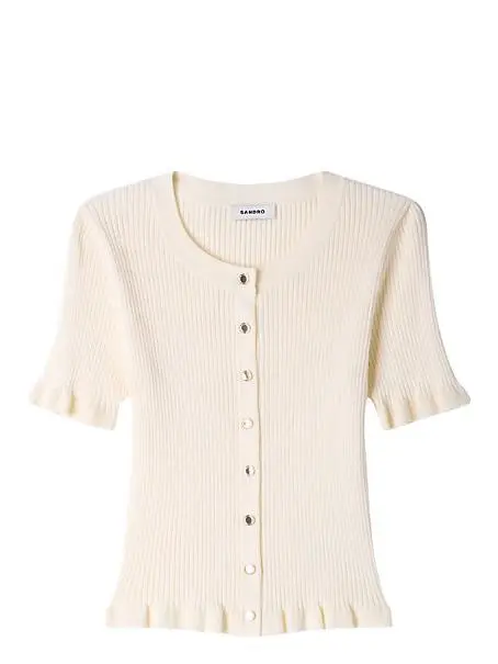 Sandro Ribbed Ruffle Cardigan - Ecru