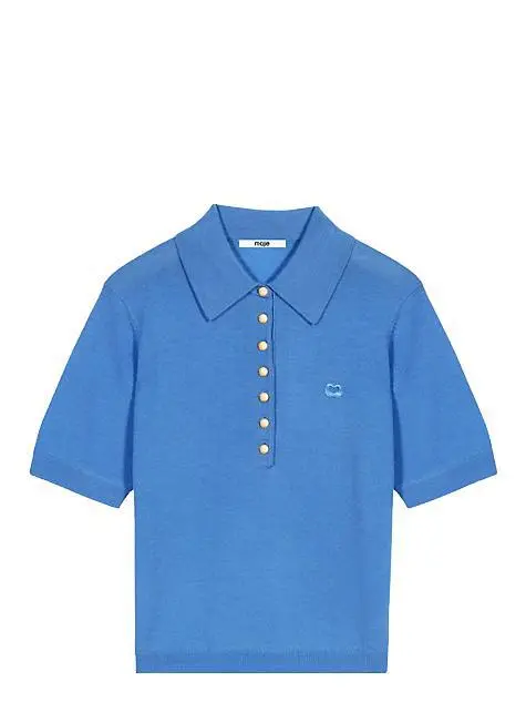 Maje Brand-embroidered Short-sleeve Wool Polo Jumper - Blue