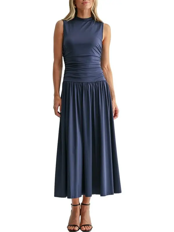 QUINCY MAE Ruched Mock Neck Fit & Flare Midi Dress - Navy