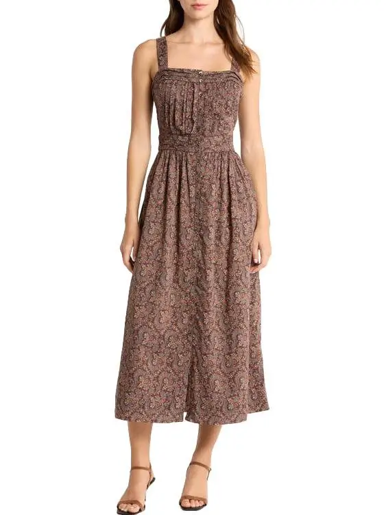 Paige Temecula Paisley Pintuck Cotton Midi Dress - Dark Brown Multi