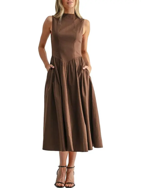 QUINCY MAE Mock Neck Drop Waist Midi Dress - Brown