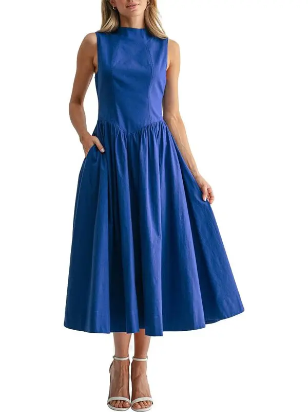 QUINCY MAE Mock Neck Drop Waist Midi Dress - Cobalt