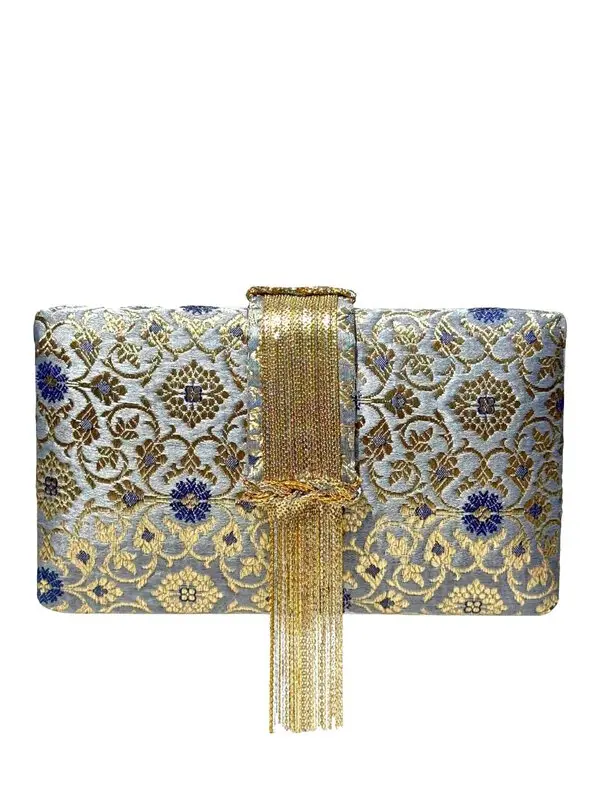 SIMITRI Brocade Clutch With Metallic Fringe And Chain Strap - Empress