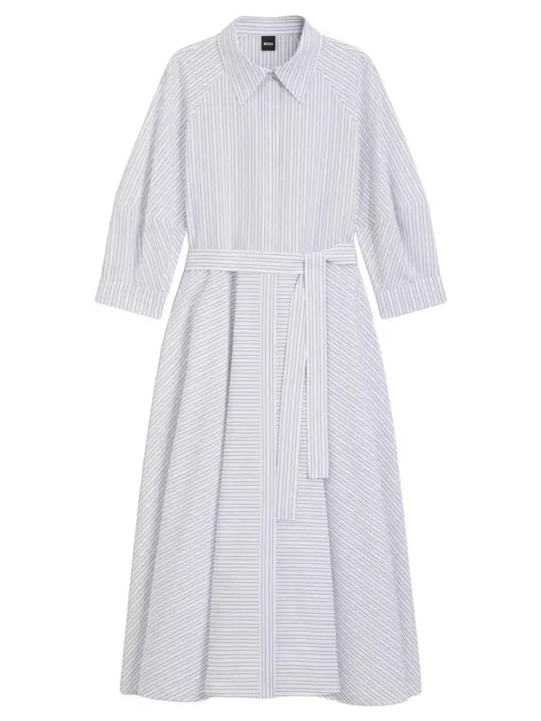 Hugo Boss Striped Cotton Poplin Shirt Dress With Self-tie Belt And Three-quarter Length Sleeves - Pattern