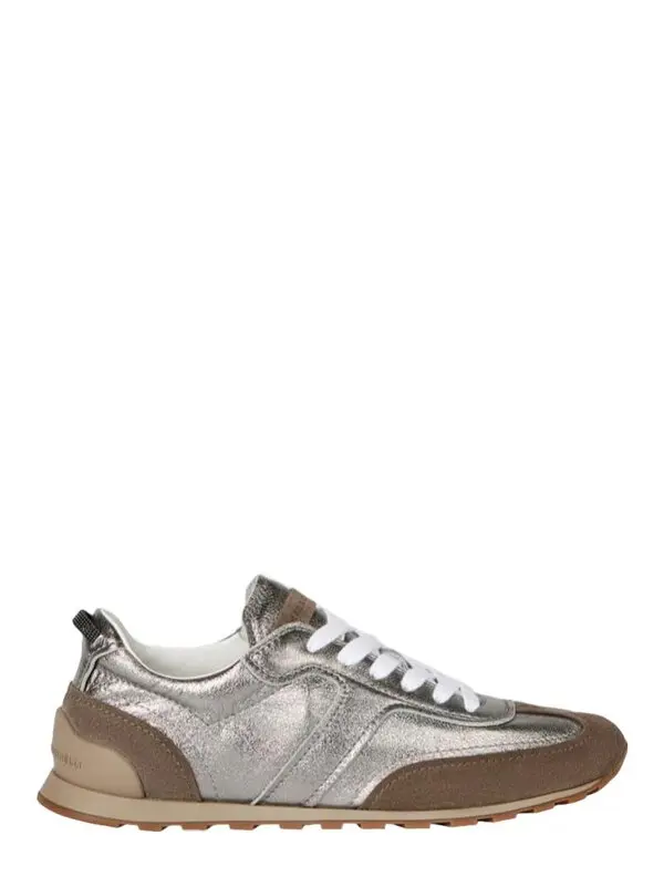Brunello Cucinelli Lamé Calfskin And Suede Runners With Shiny Loop - Gray