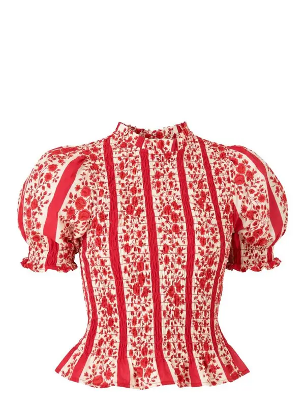 MIND TRAVELER Floral & Striped Smocked Blouse - Red