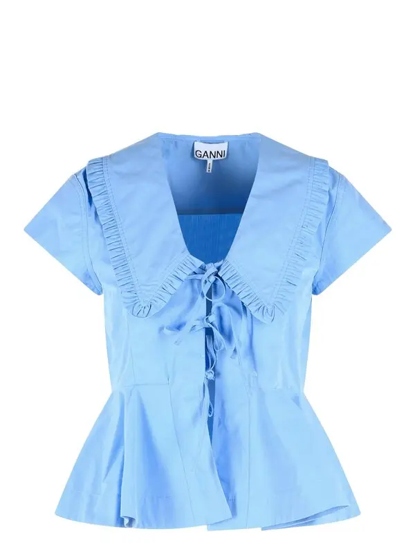 GANNI Cotton Poplin Blouse With Ornate Collar And Lace-up Closure - Blue