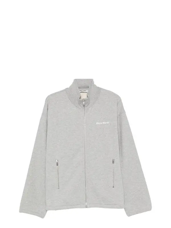 Miu Miu Zip Up Sweatshirt With Embroidered Logo - Gray