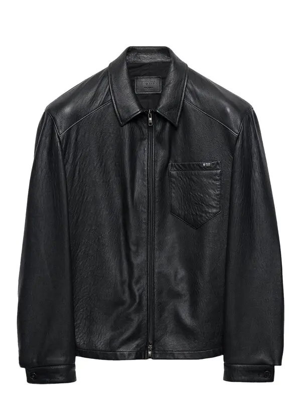 Prada Nappa Leather Zip-up Jacket With Classic Collar - Black