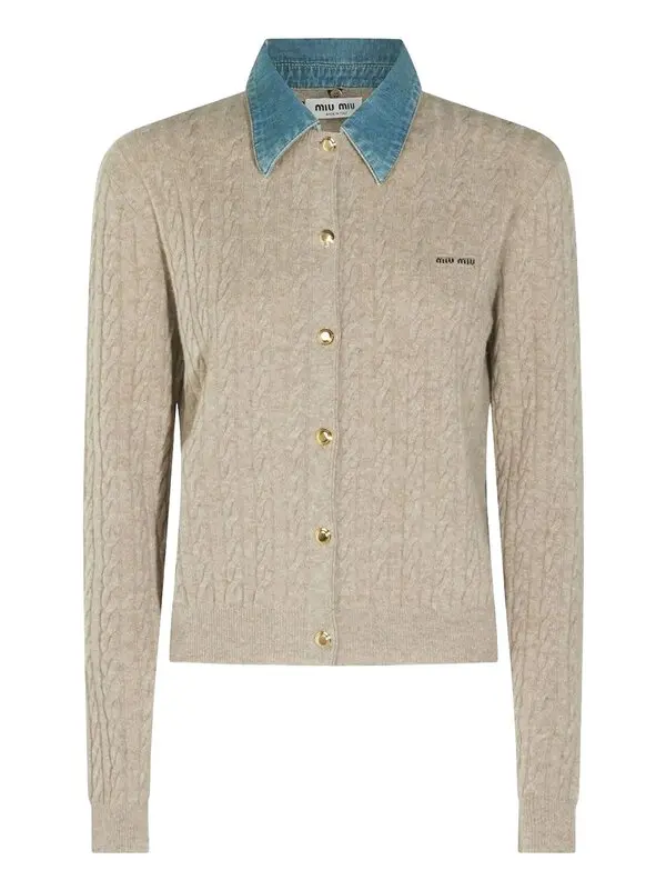 Miu Miu Cable-knit Cashmere Cardigan With Denim Collar - Multicolor