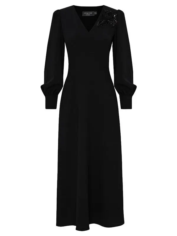 EXQUISE Embroidered Midi Dress - Black