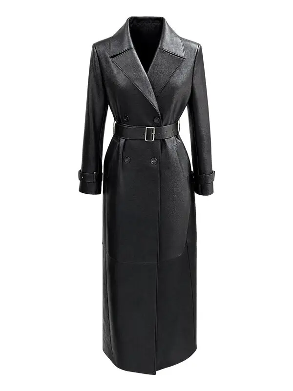 EXQUISE Belted Eco Leather Trench Coat - Black