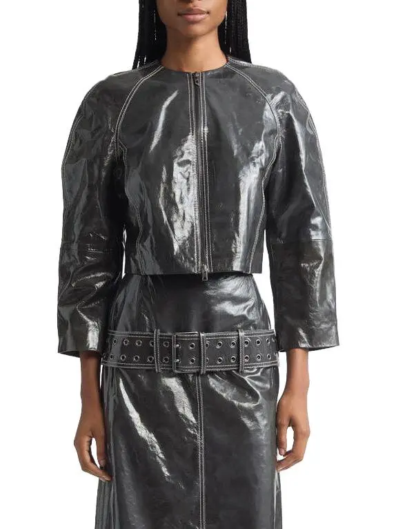 DIESEL® Cropped Patent Leather Jacket With Cocoon Sleeves - Grey